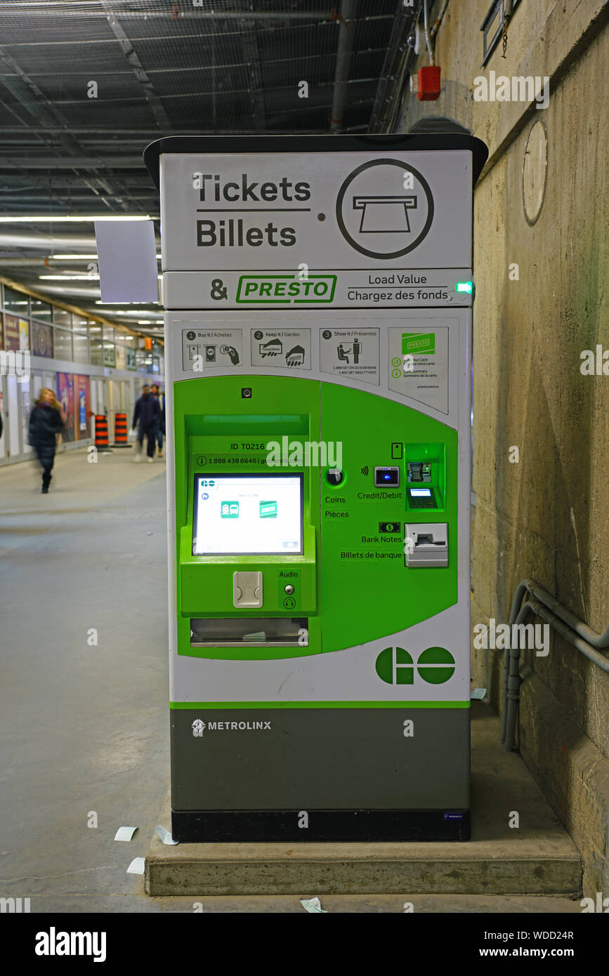 TORONTO, CANADA -26 MAR 2019- View of green and white GO transit ...