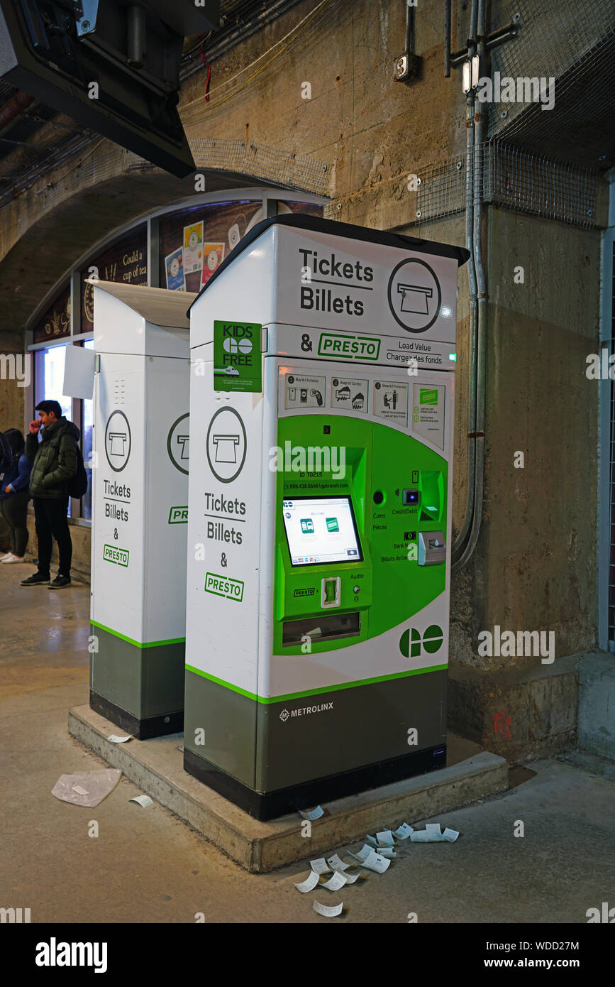 TORONTO, CANADA -26 MAR 2019- View of green and white GO transit ...