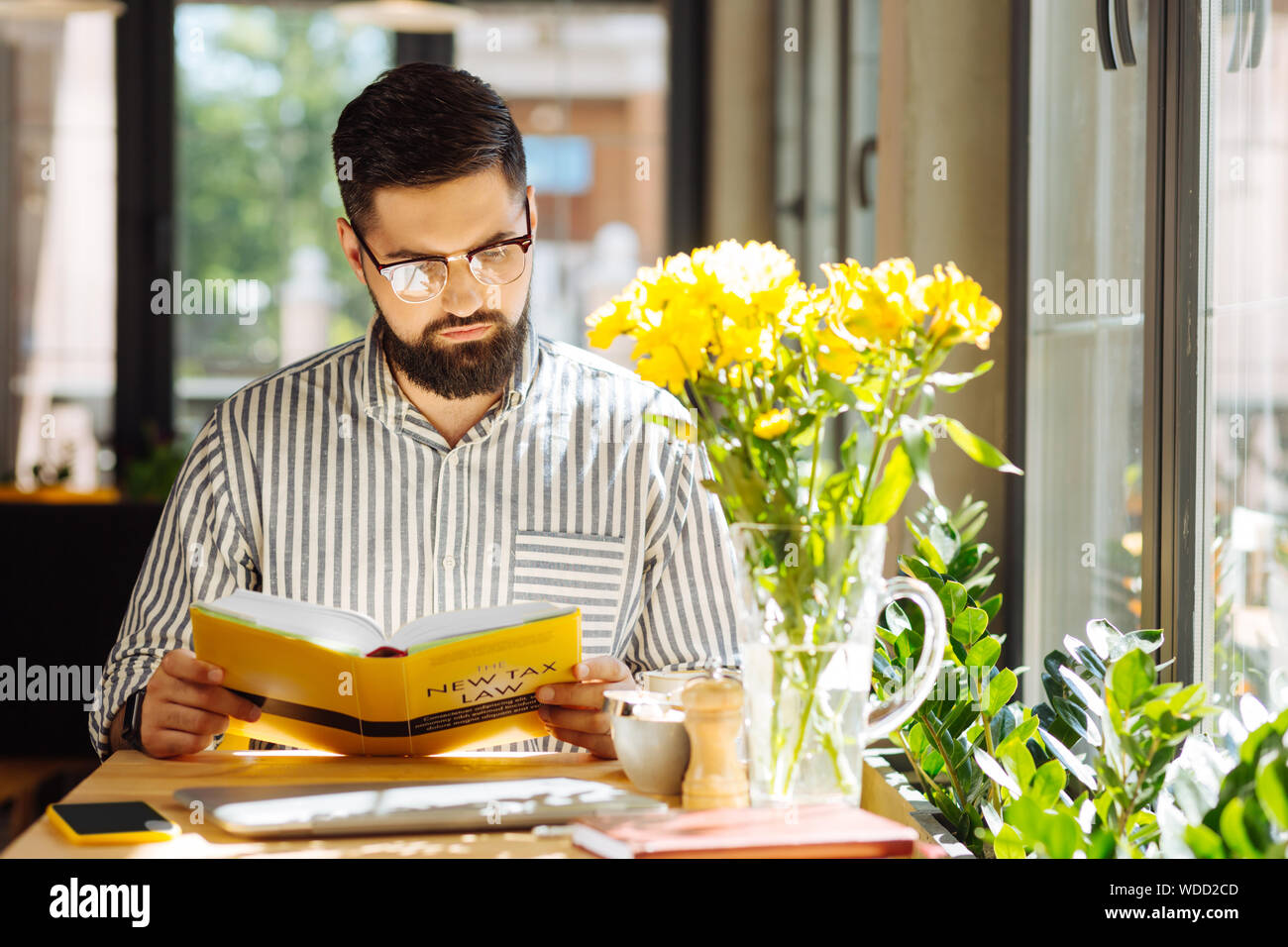 Serious brunette reading information hi-res stock photography and ...