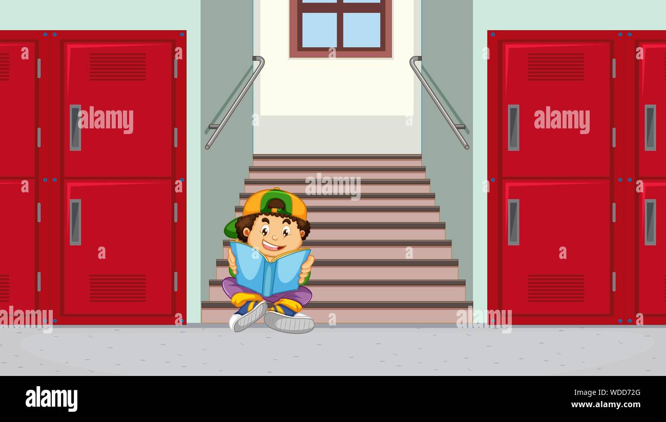 Boy at school stairs reading a book illustration Stock Vector Image ...