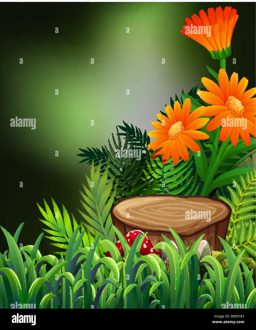 Nature scene with orange flowers and ferns illustration Stock Vector ...