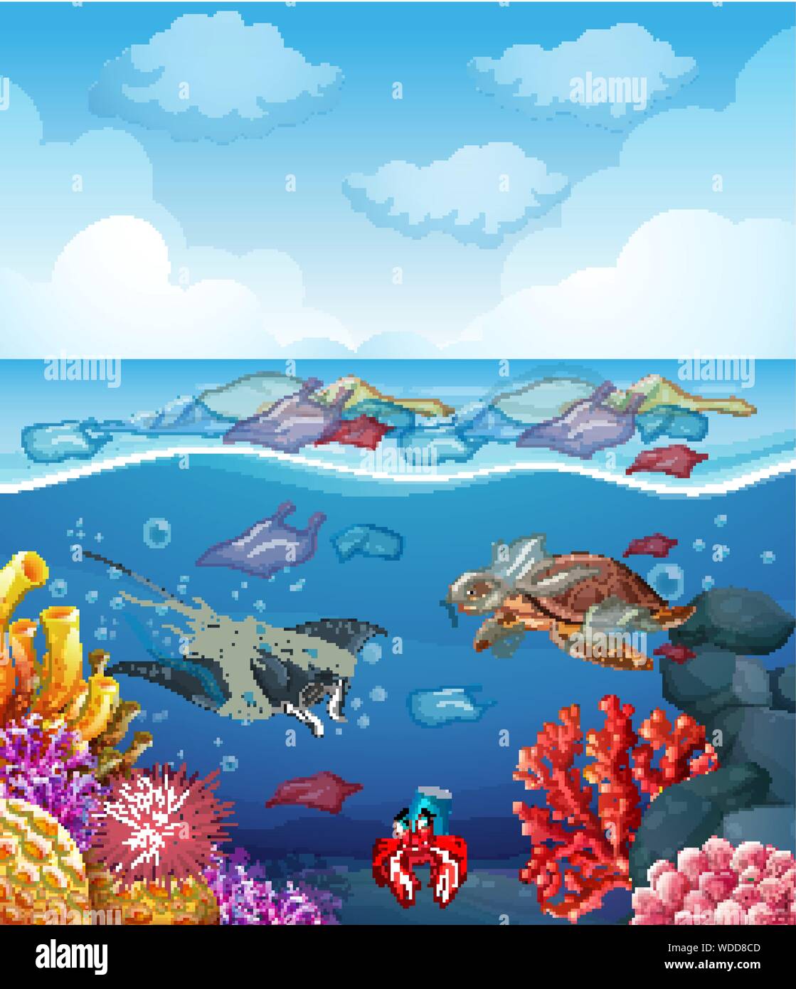 Scene with sea animals and trash in the ocean illustration Stock Vector ...