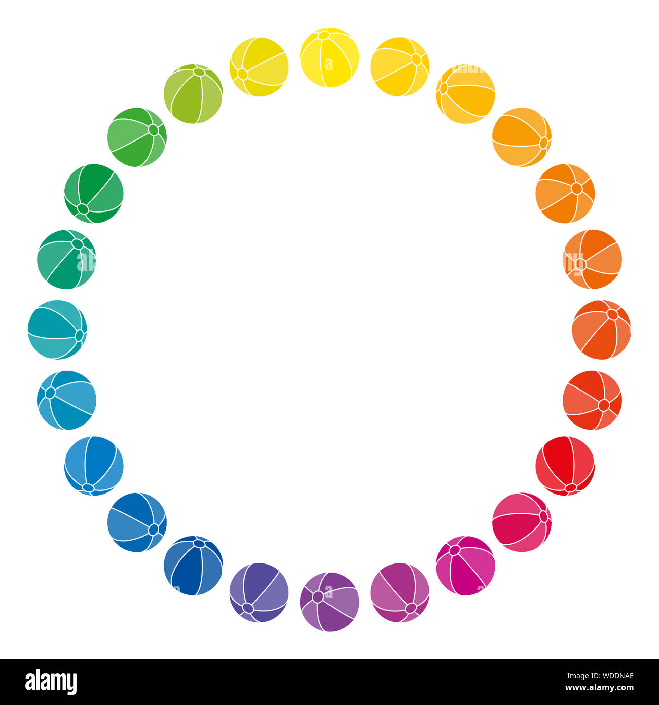 Rainbow colored balls forming a circle shape. Beach ball shaped spheres ...