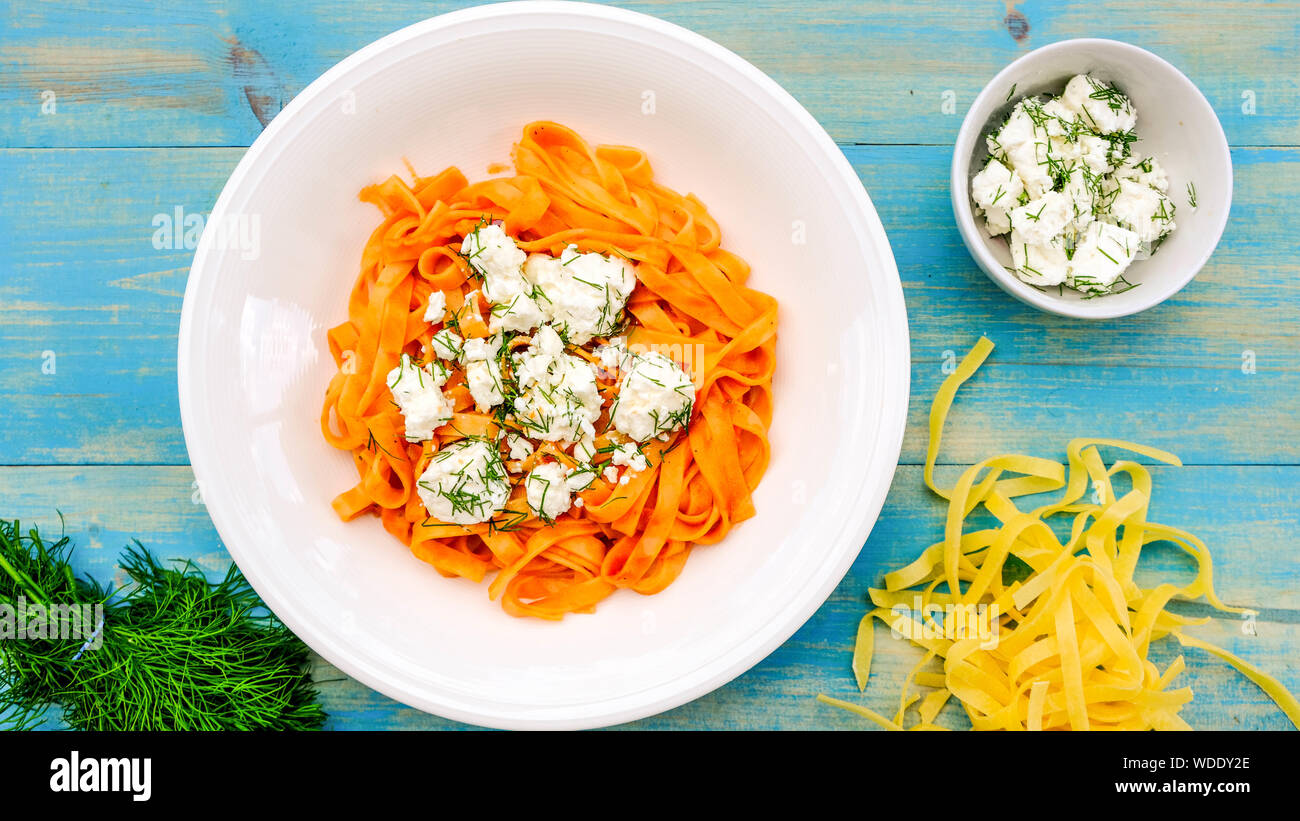 Italian Style Tagliatella Pasta With Feta Cheese And Dill Herbs Stock ...