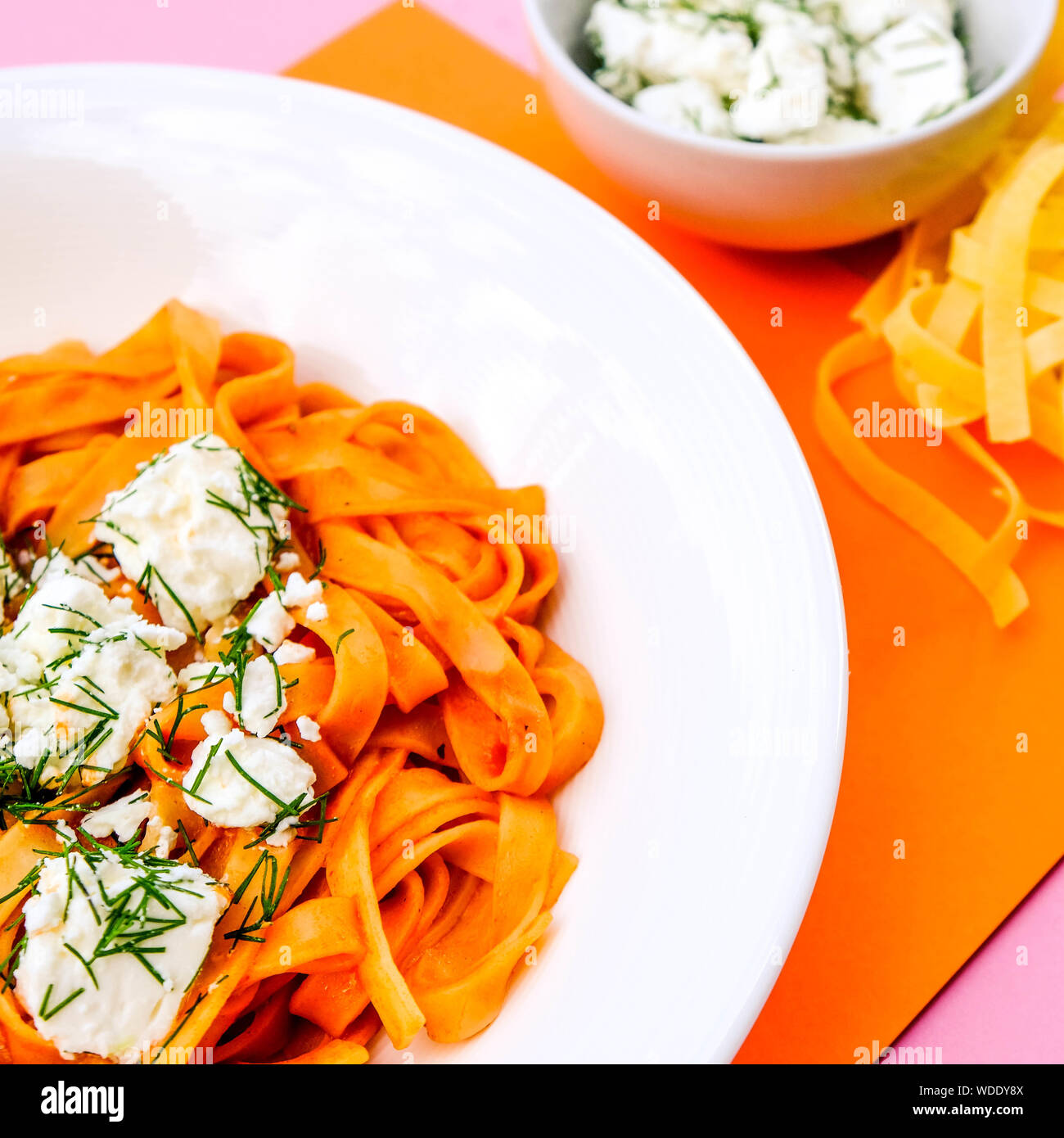 Italian Style Tagliatella Pasta With Feta Cheese And Dill Herbs Stock ...
