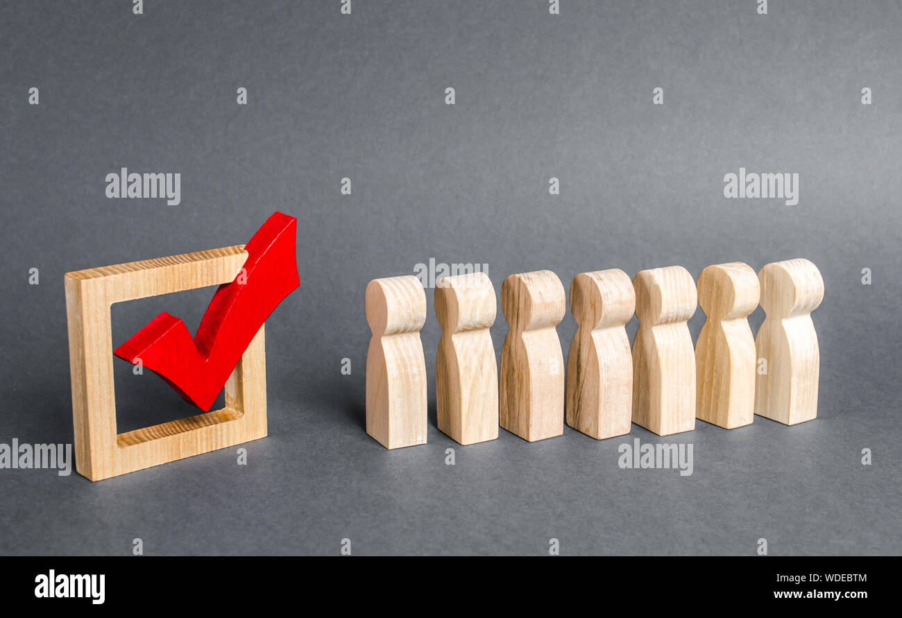 Queue line of people and red tick for voting. Democratic elections ...