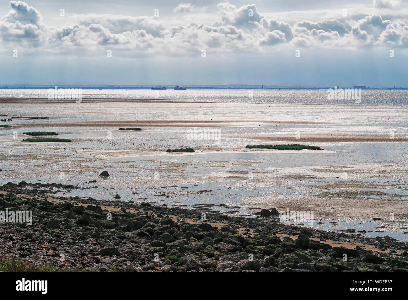 Humber Estuary from Spurn Point with the port of Grimsby on the far ...