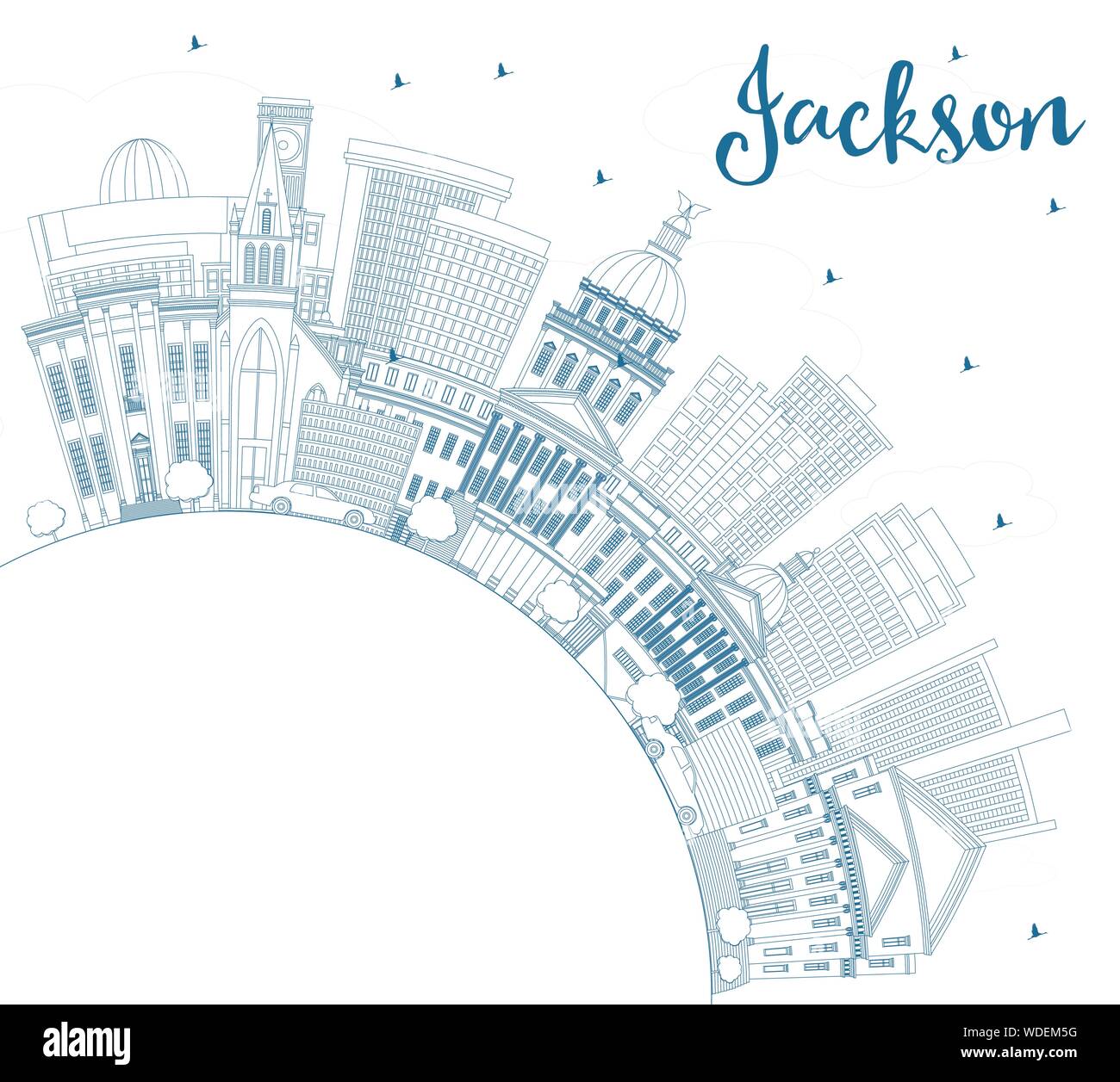 Outline Jackson Mississippi City Skyline with Blue Buildings and Copy ...