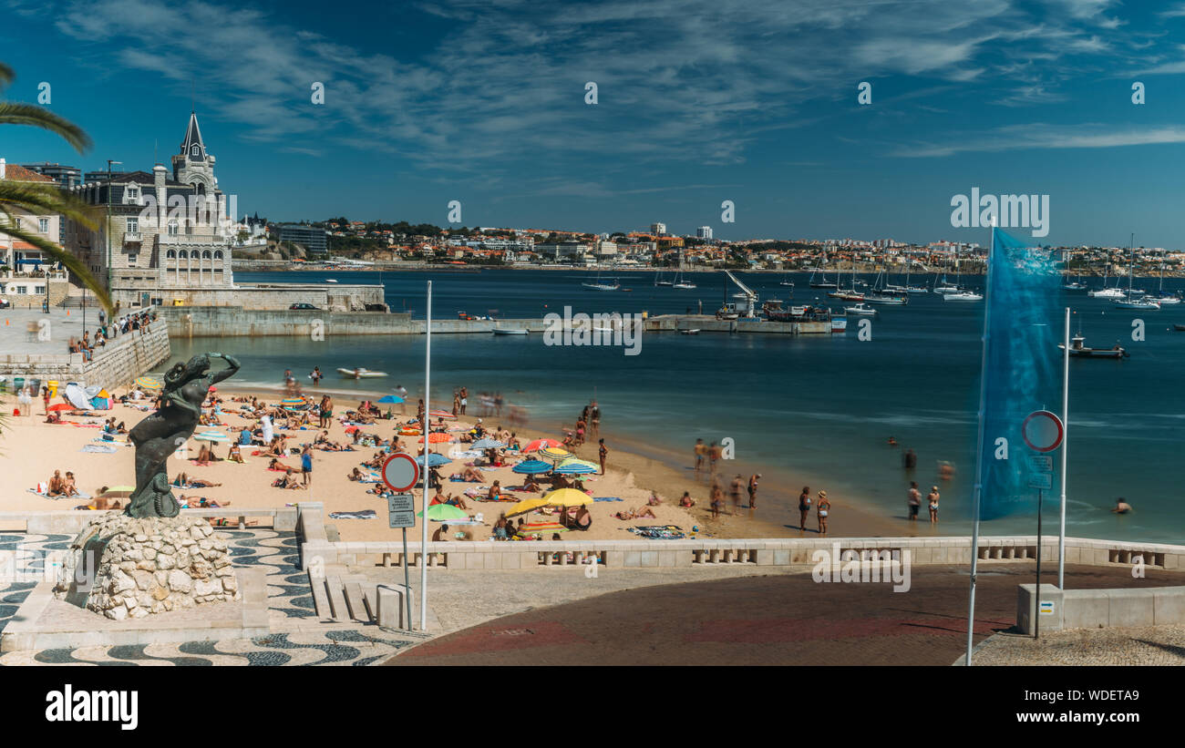 Cascais, Lisbon, Portugal - August 29, 2019: Tourists enjoy Ribeira ...