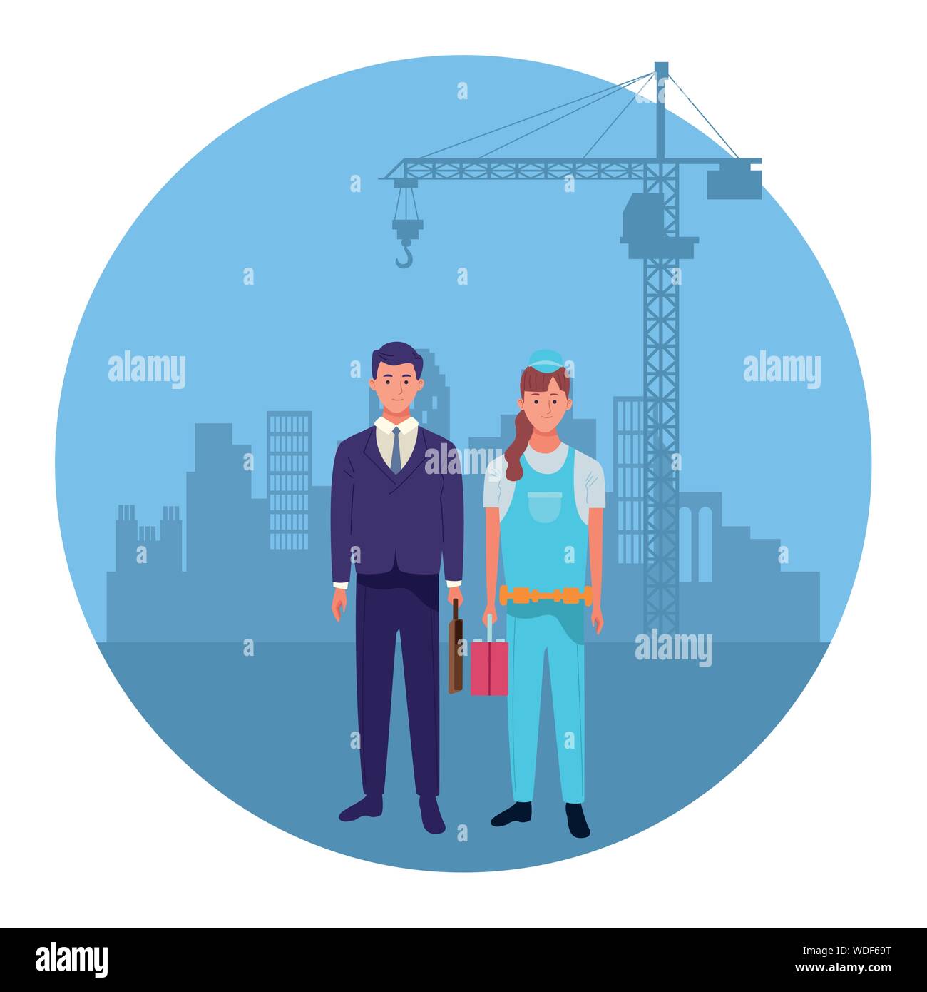 Happy cartoon woman construction Cut Out Stock Images & Pictures - Alamy