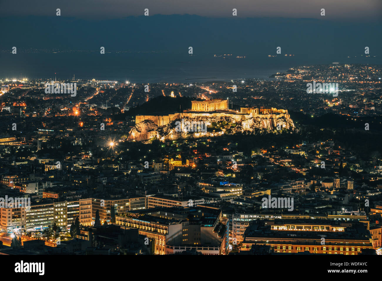 Night scene of Athens, Greece. Athens skyline at night viewed from ...