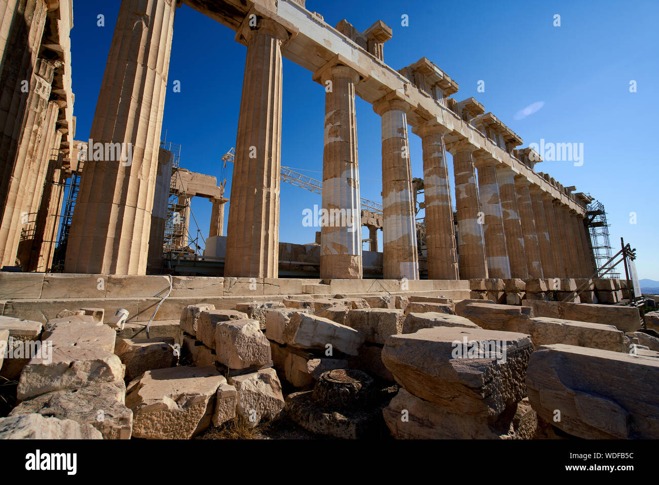 The Parthenon temple, under scaffolding, on the Acropolis in Athens ...