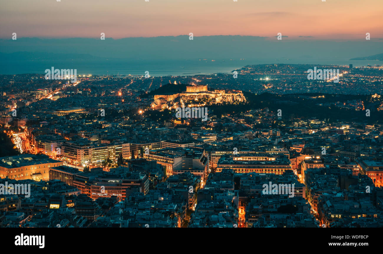 Night scene of Athens, Greece. Athens skyline at night viewed from ...