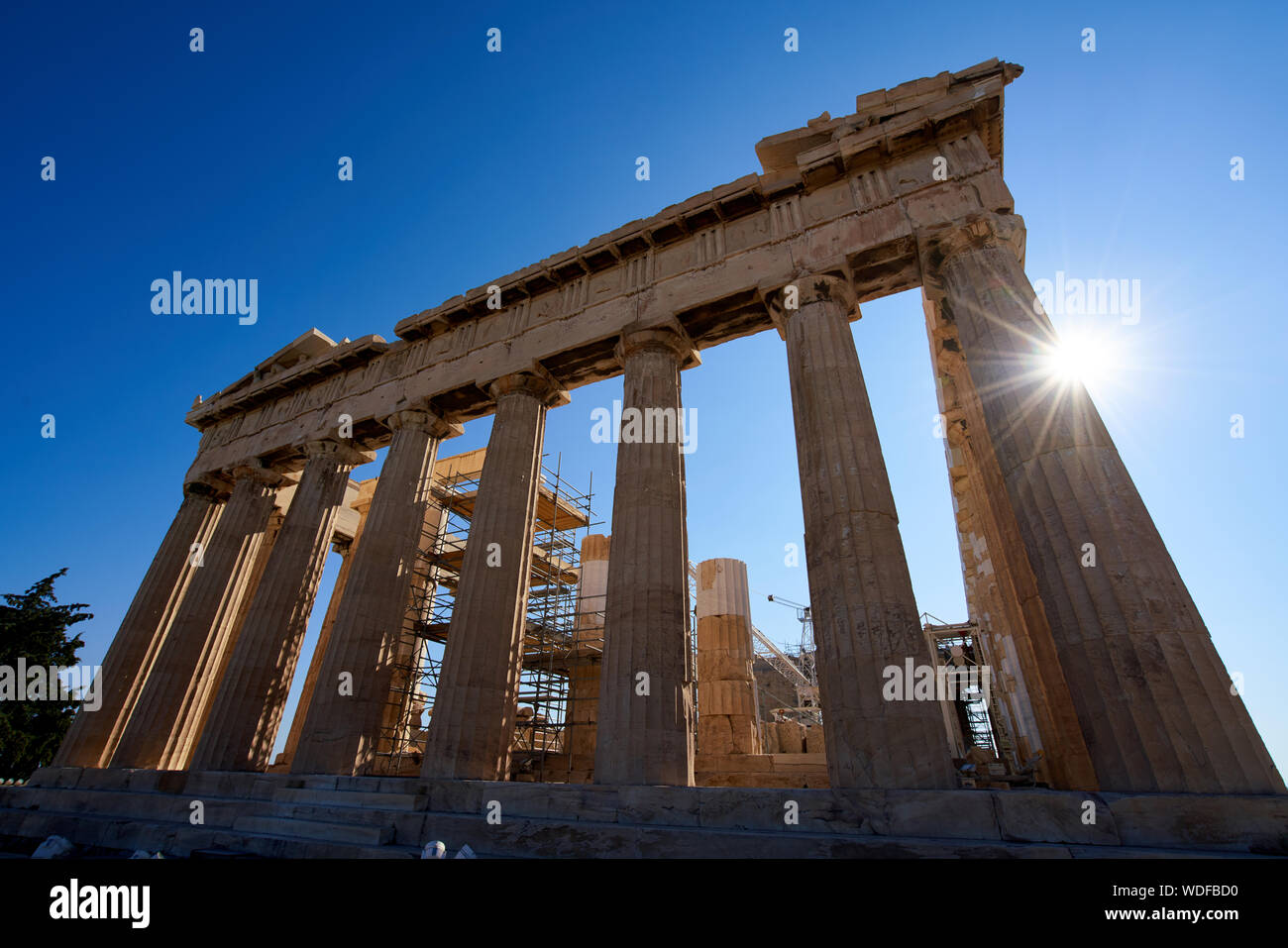 The Parthenon temple, under scaffolding, on the Acropolis in Athens ...