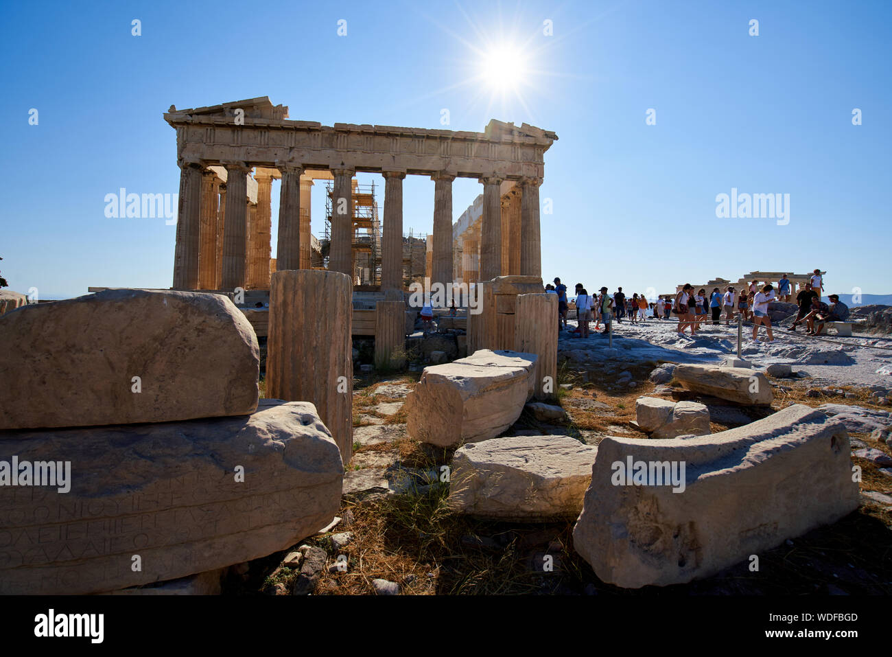 The Parthenon temple, under scaffolding, on the Acropolis in Athens ...