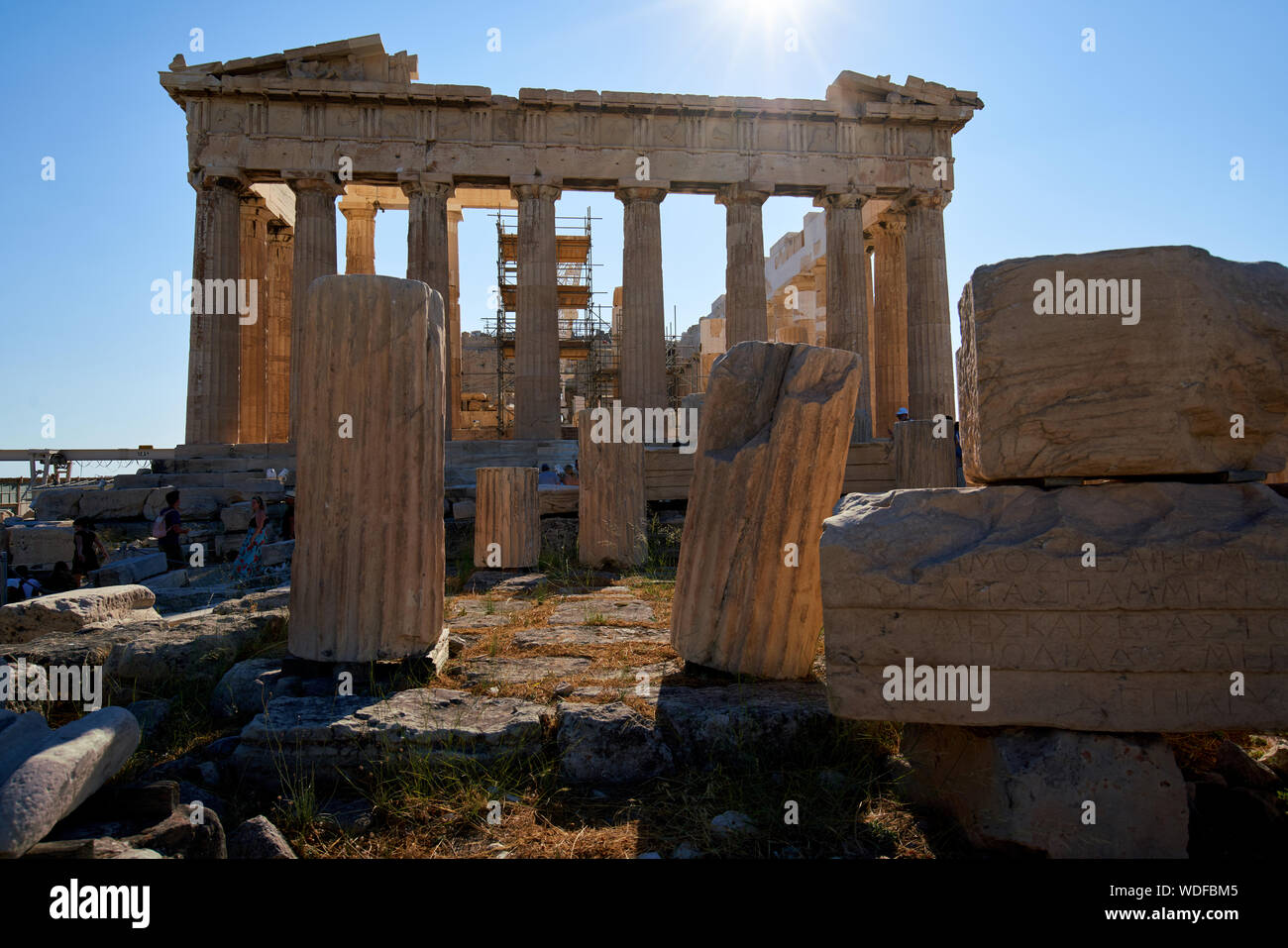The Parthenon temple, under scaffolding, on the Acropolis in Athens ...