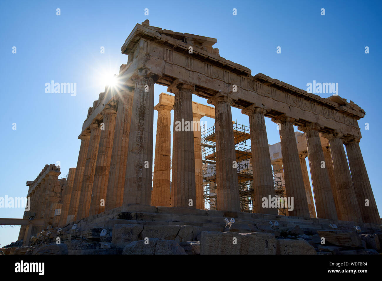 The Parthenon temple, under scaffolding, on the Acropolis in Athens ...