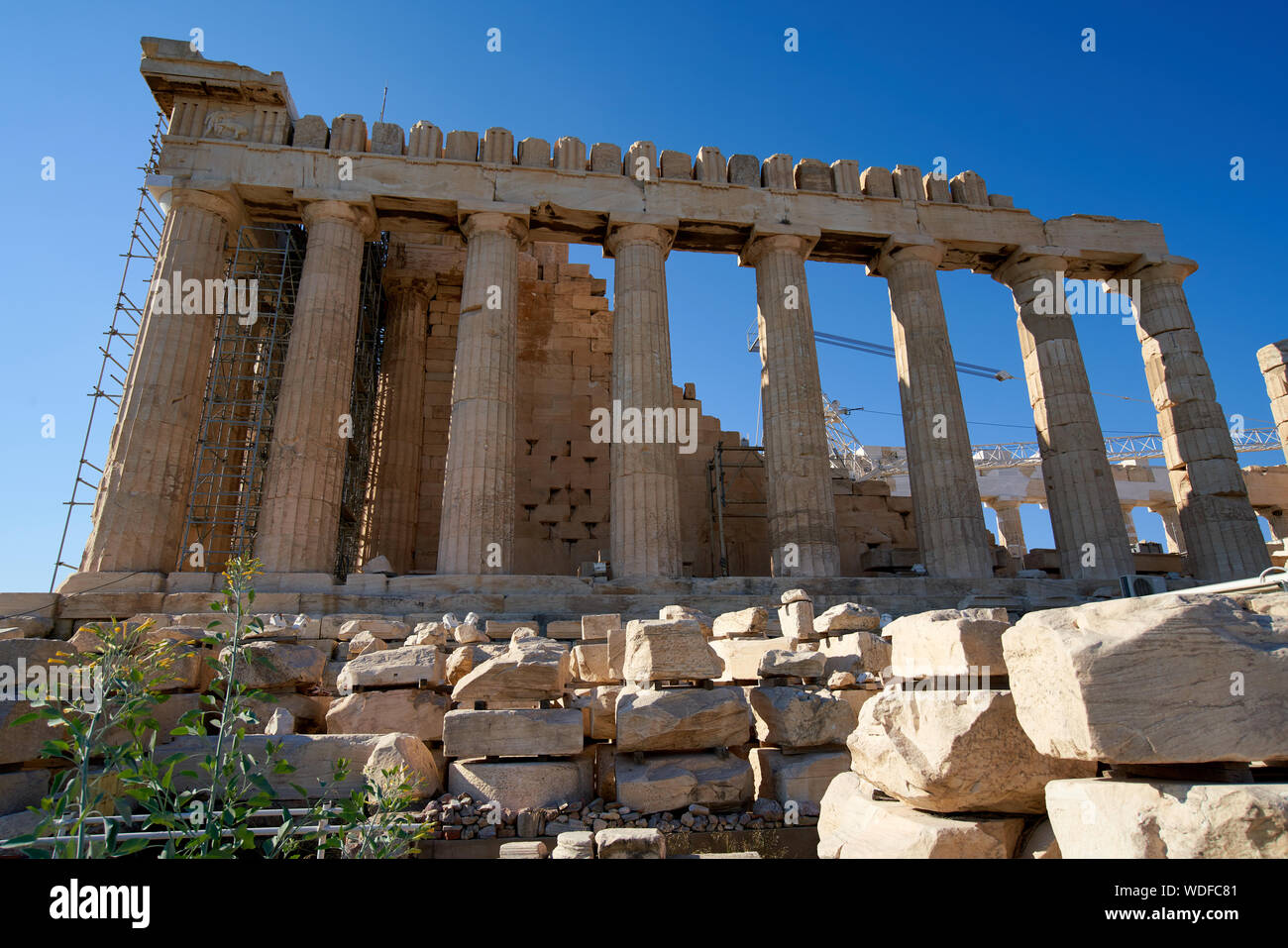 The Parthenon temple, under scaffolding, on the Acropolis in Athens ...