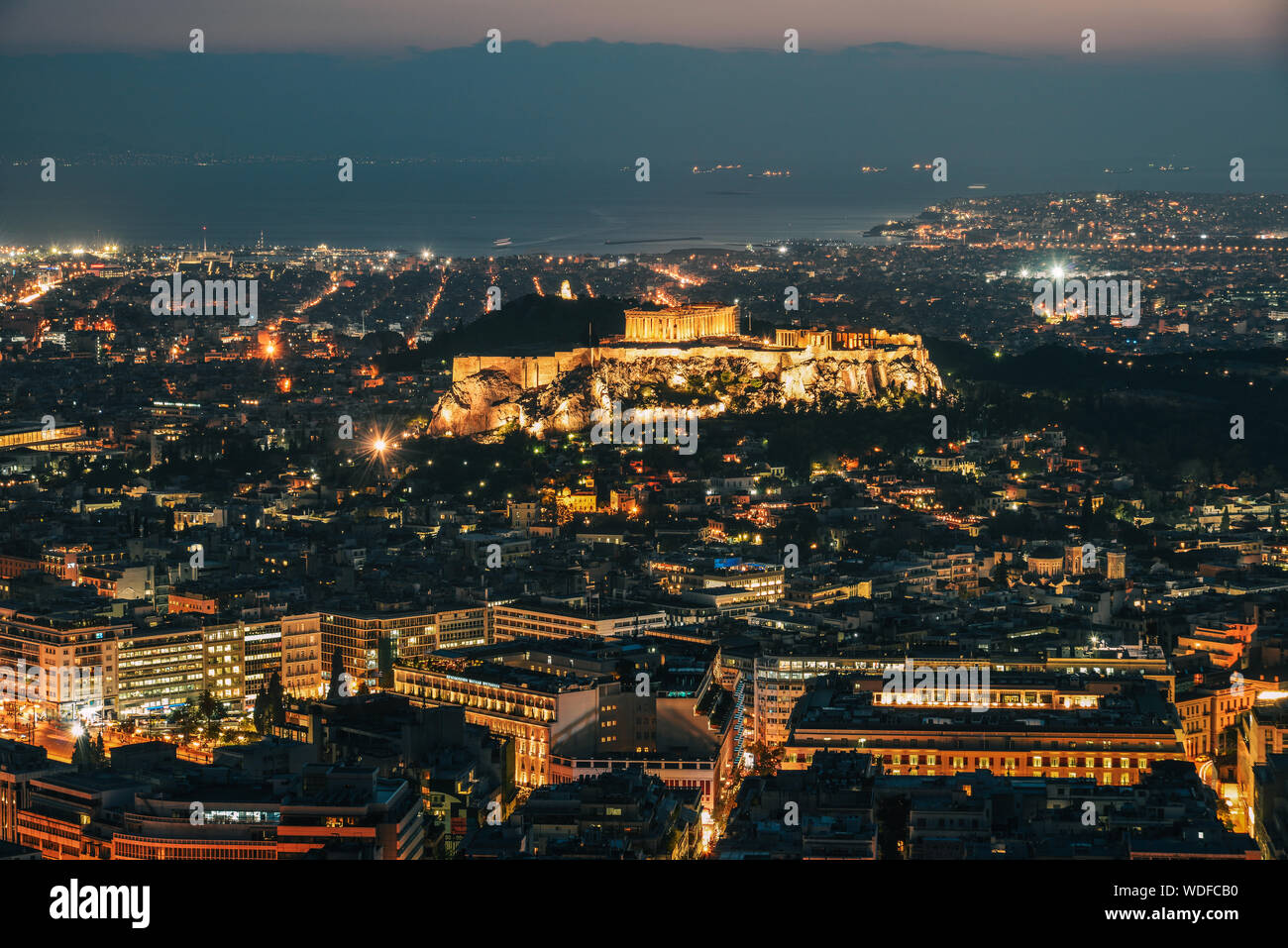 Night scene of Athens, Greece. Athens skyline at night viewed from ...