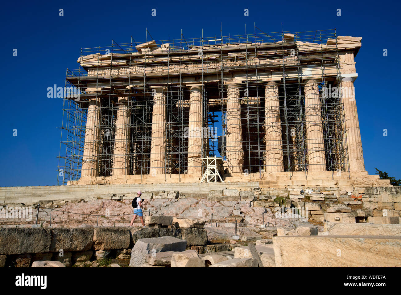 The Parthenon temple, under scaffolding, on the Acropolis in Athens ...