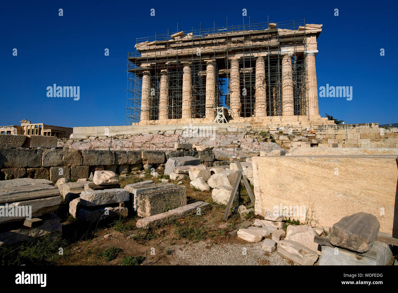 The Parthenon temple, under scaffolding, on the Acropolis in Athens ...