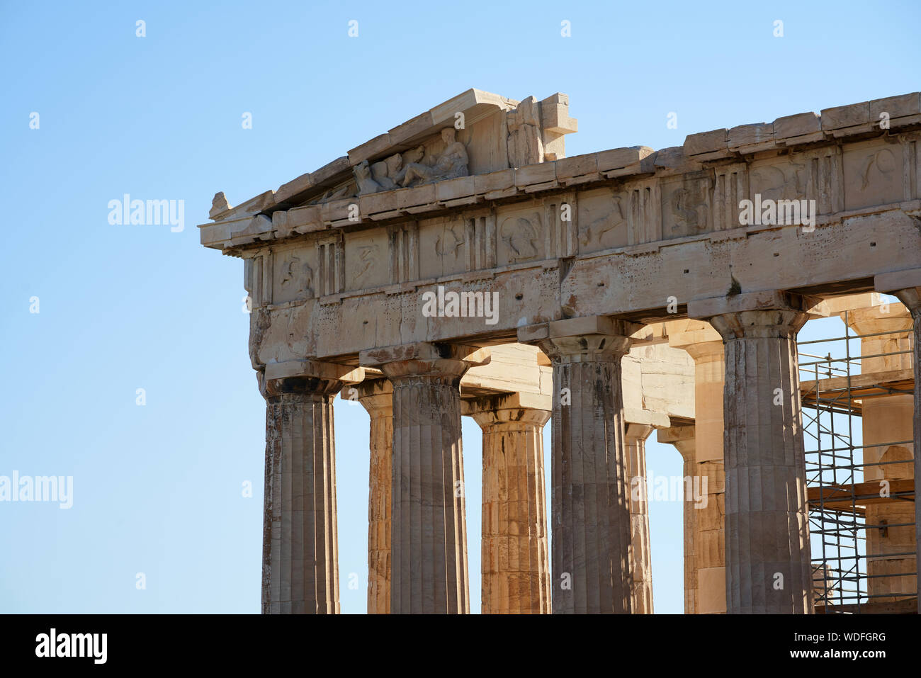 The Parthenon temple, under scaffolding, on the Acropolis in Athens ...