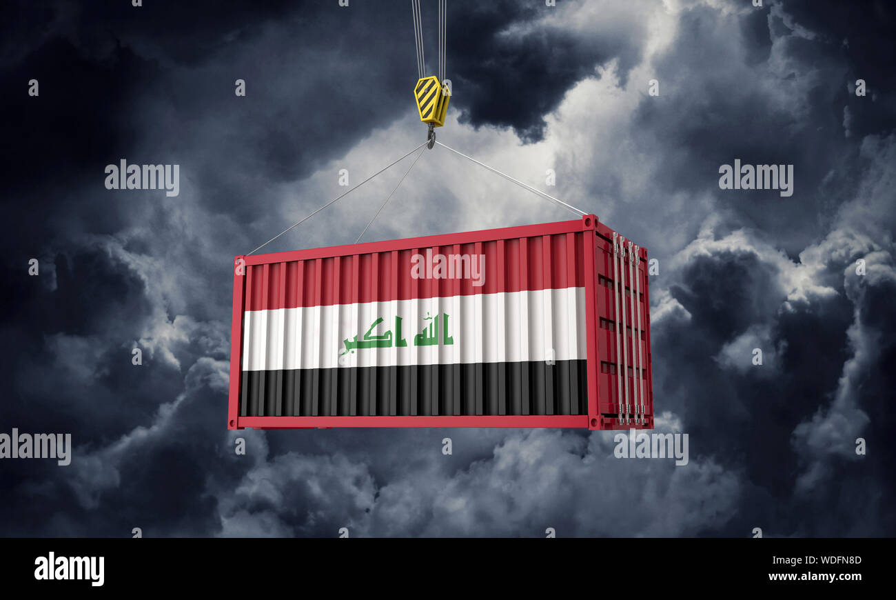 Iraq trade cargo container hanging against dark clouds. 3D Render Stock ...