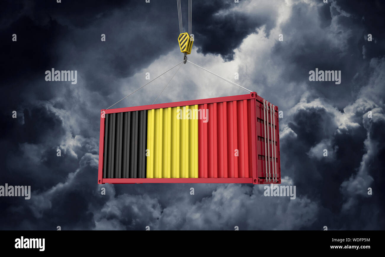 Belgium trade cargo container hanging against dark clouds. 3D Render ...