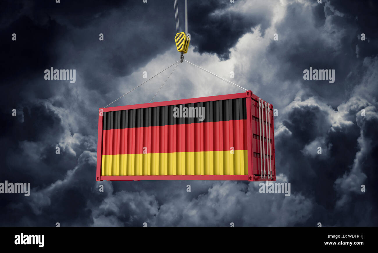 Germany trade cargo container hanging against dark clouds. 3D Render ...