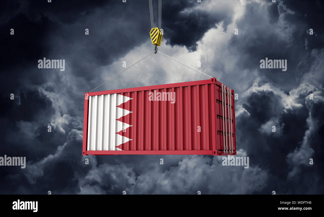 Bahrain trade cargo container hanging against dark clouds. 3D Render ...