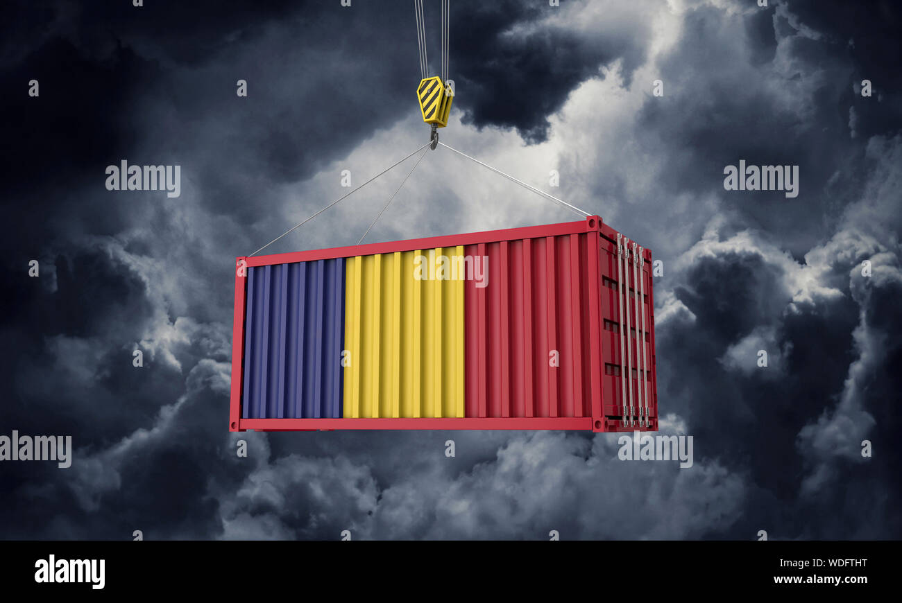 Romania trade cargo container hanging against dark clouds. 3D Render ...