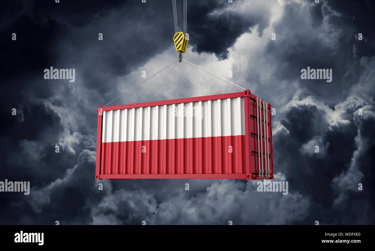 Poland trade cargo container hanging against dark clouds. 3D Render ...