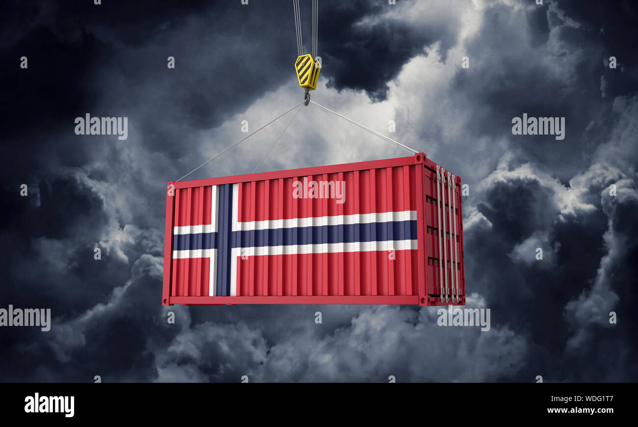 Norway trade cargo container hanging against dark clouds. 3D Render ...