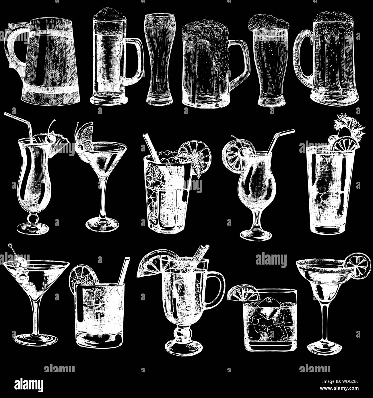 Set of hand drawn sketch style beer and highball cocktails isolated on ...