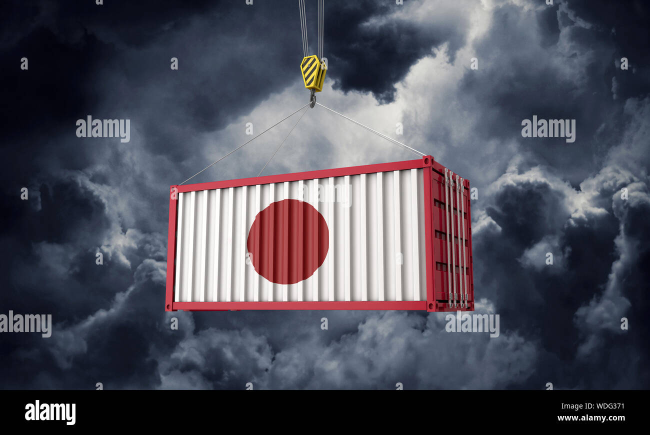 Japan trade cargo container hanging against dark clouds. 3D Render ...