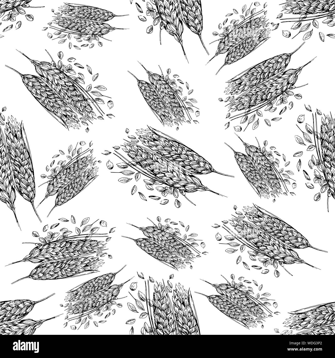 Seamless pattern of hand drawn sketch style cereals isolated on white ...
