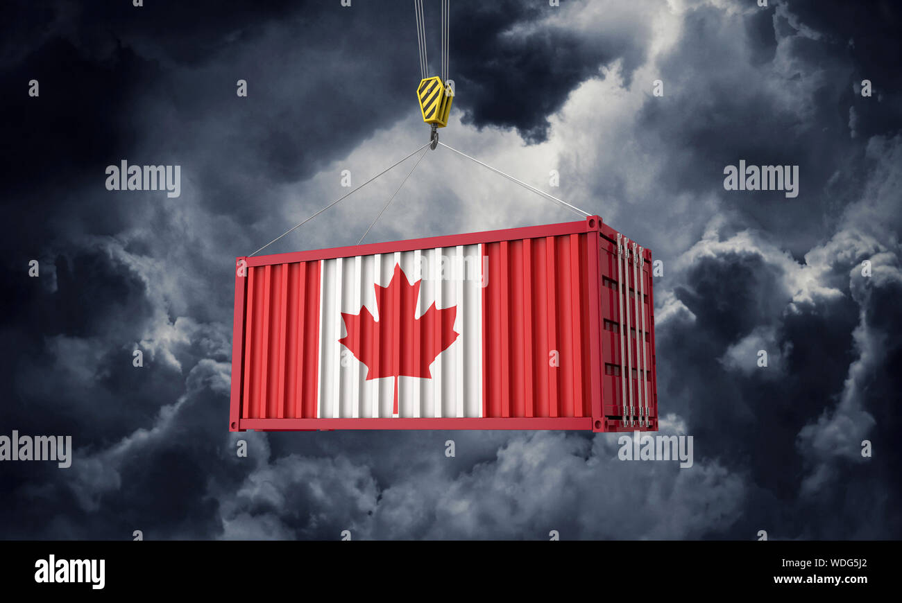 Canada trade cargo container hanging against dark clouds. 3D Render ...