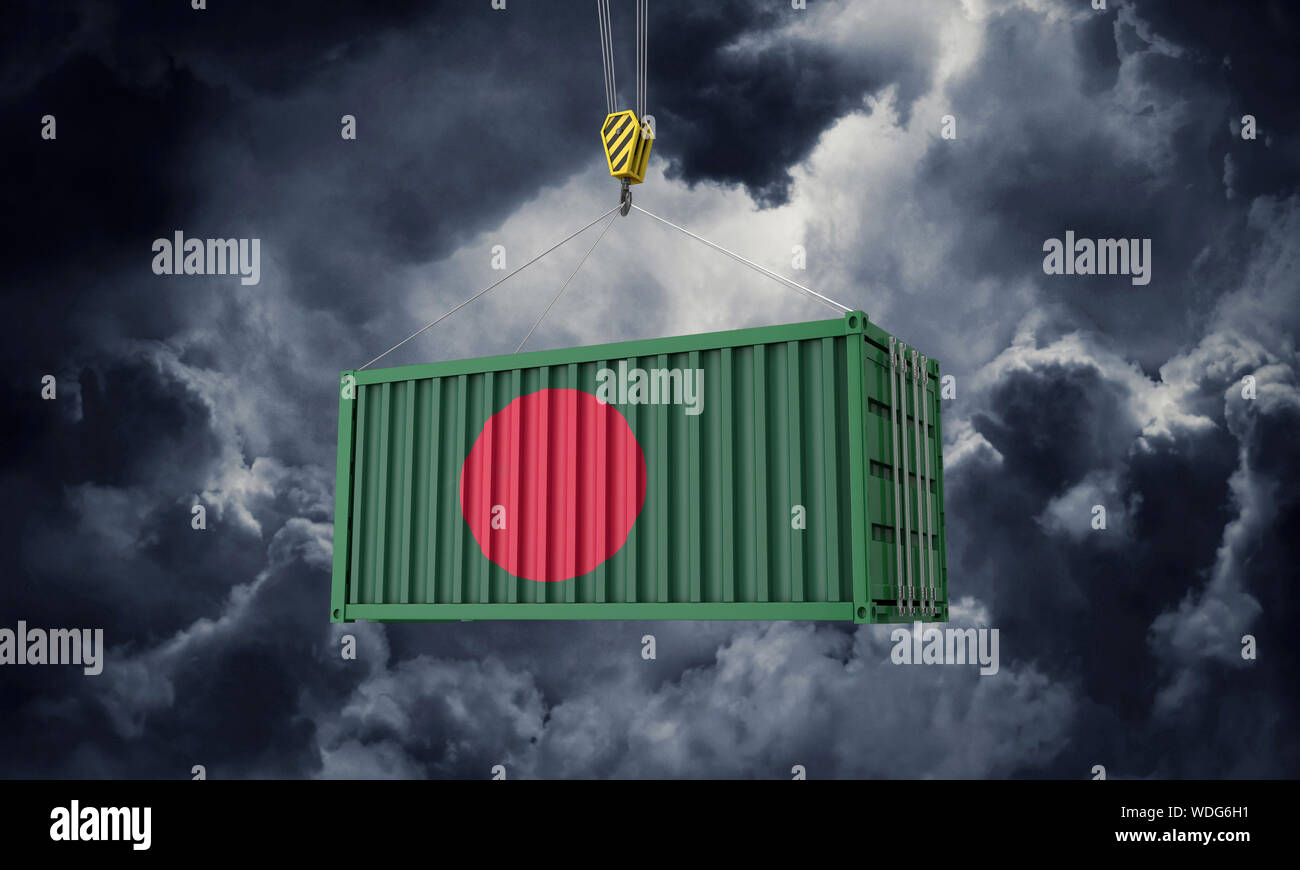 Bangladesh trade cargo container hanging against dark clouds. 3D Render ...