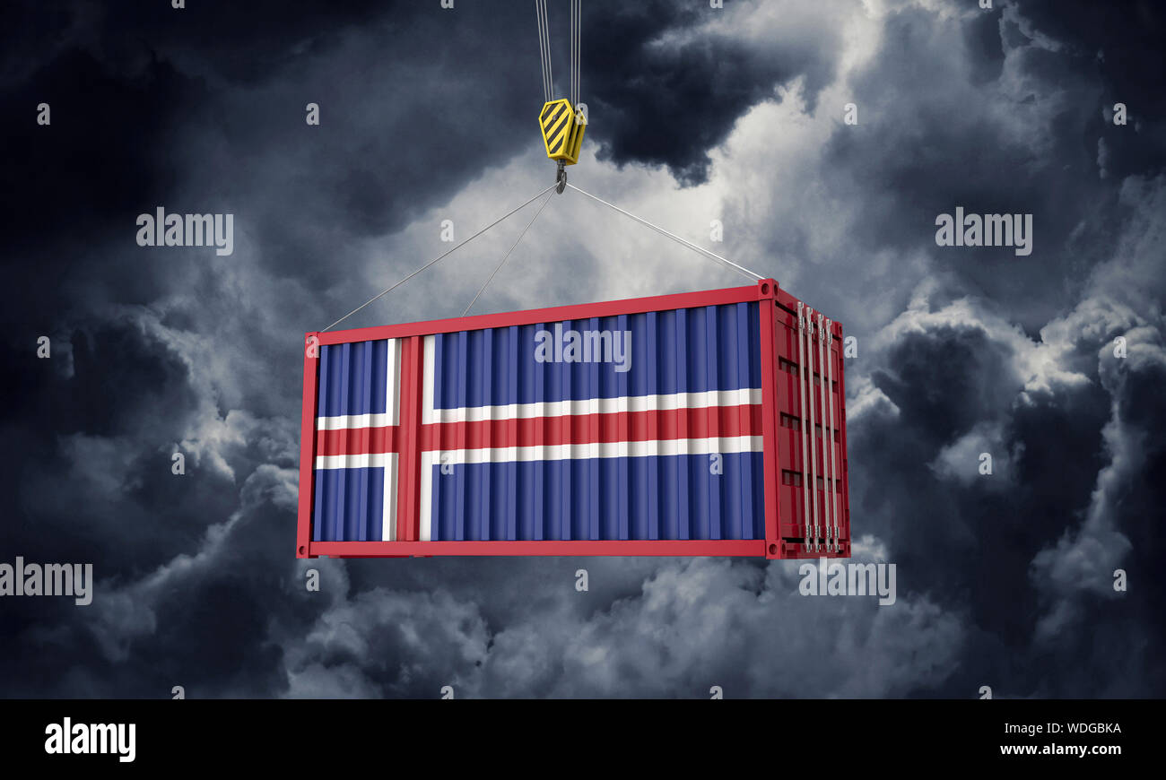 Iceland trade cargo container hanging against dark clouds. 3D Render ...