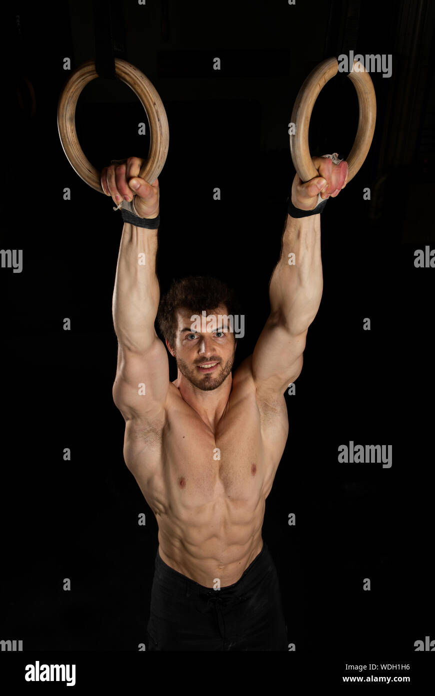 An handsome young muscular man with Sixpack is posing on the rings ...