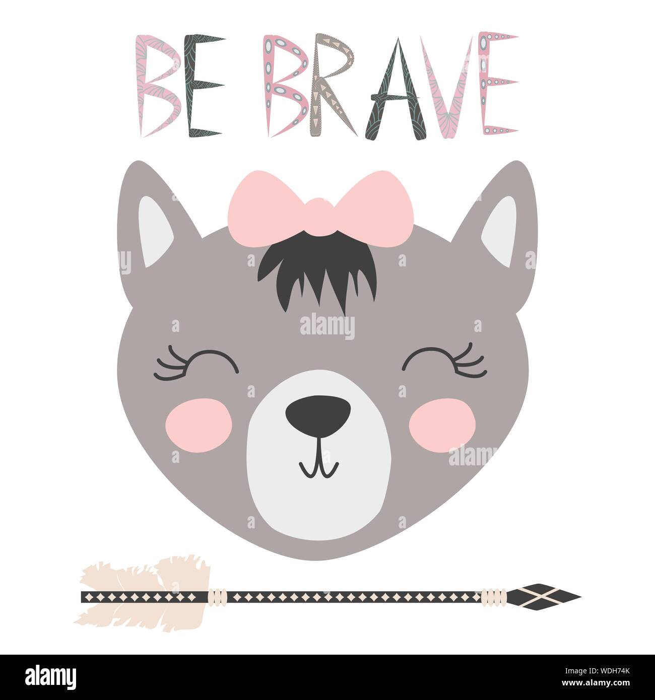 Cute sweet little wolf girl smiling face art. Lettering quote to be ...