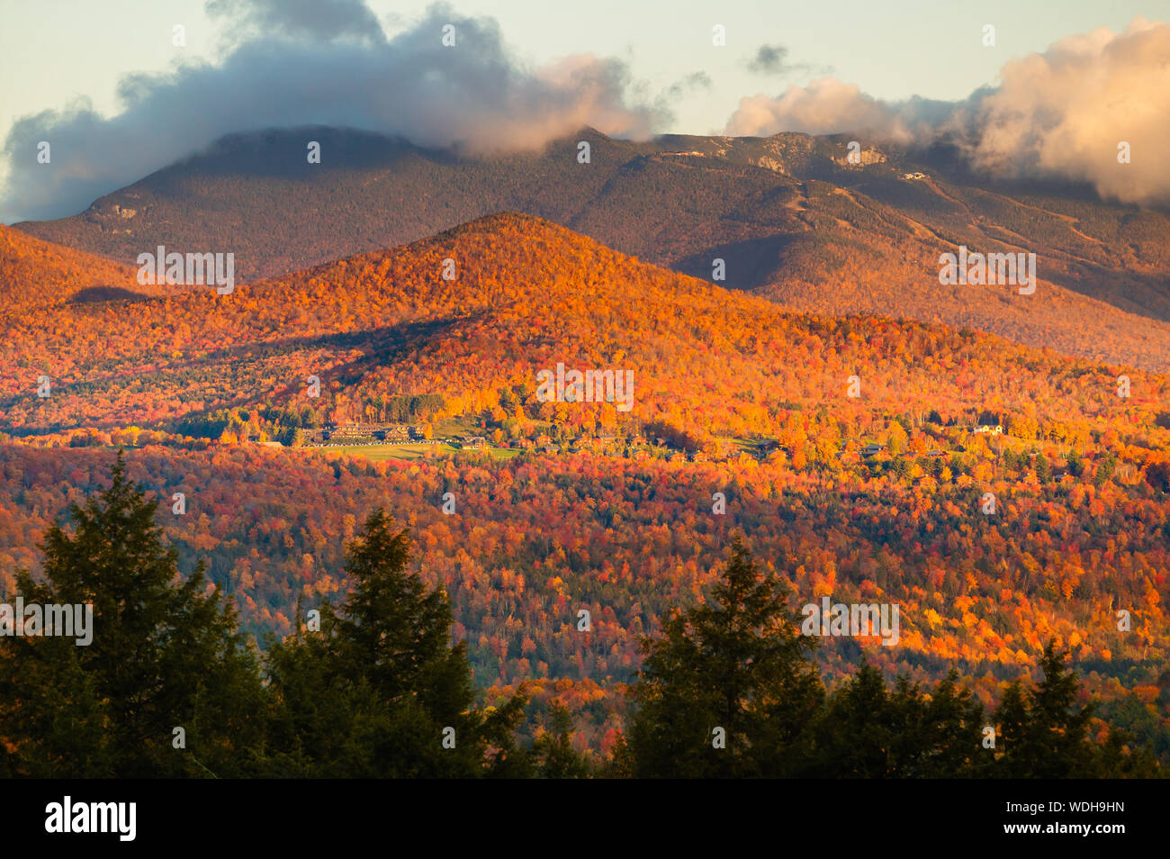 Fall foliage landscape with Mt. Mansfield in the background, Stowe ...