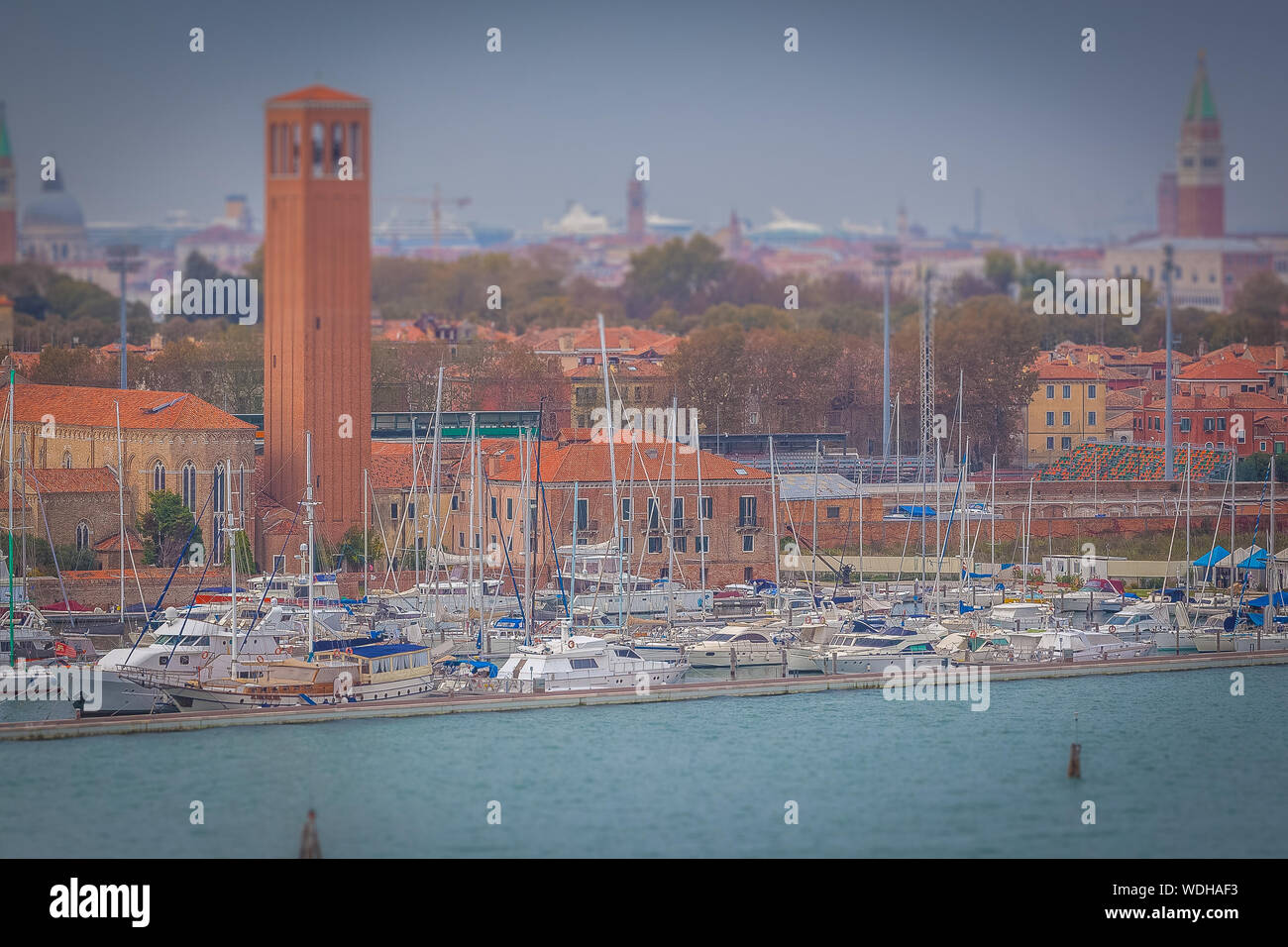 Tilt shift effect of boats in the marina of the island of Sant'Elena ...