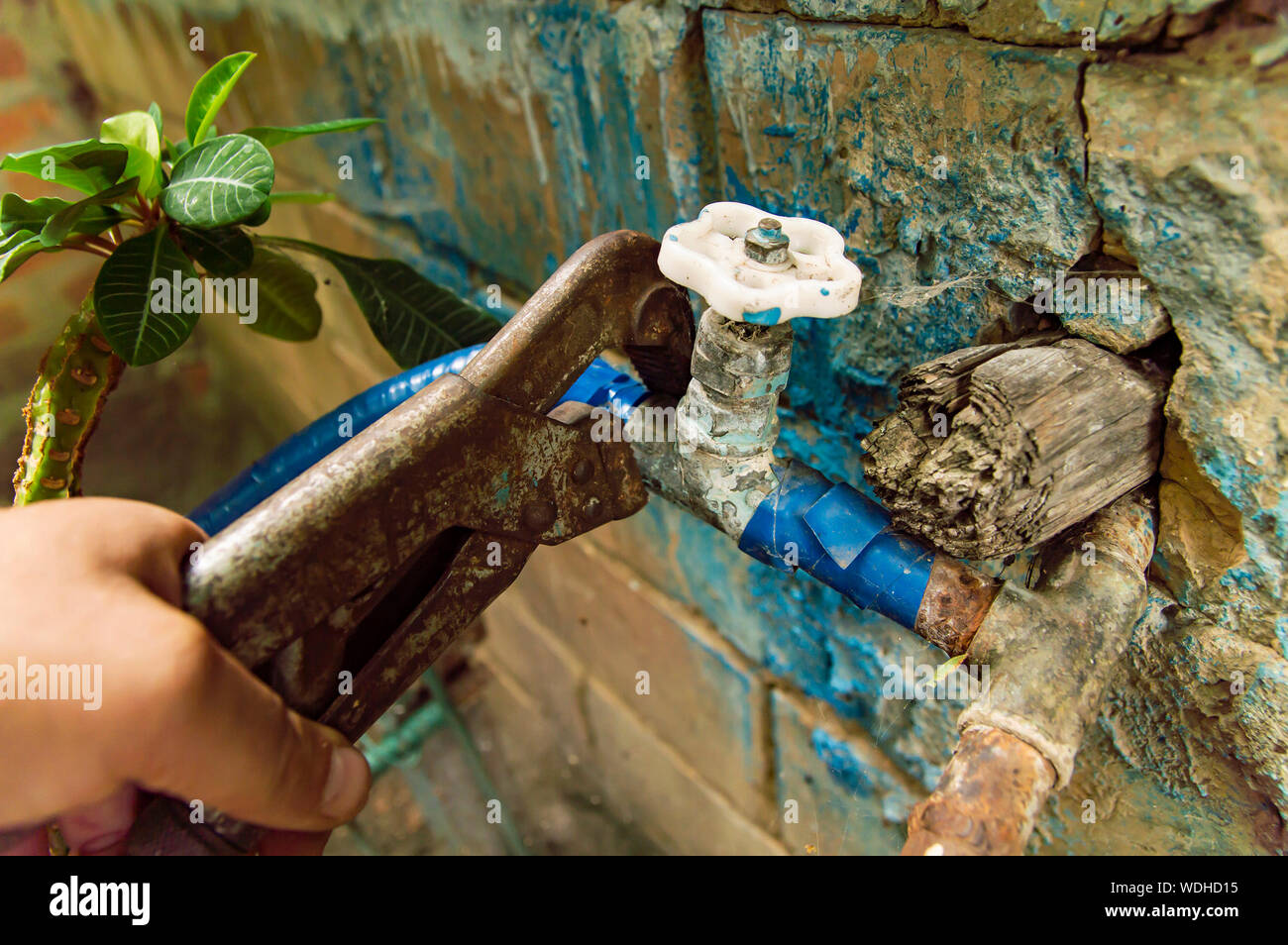 Wrench in the plumbing hand - repair of a water tap. Work tool Stock ...