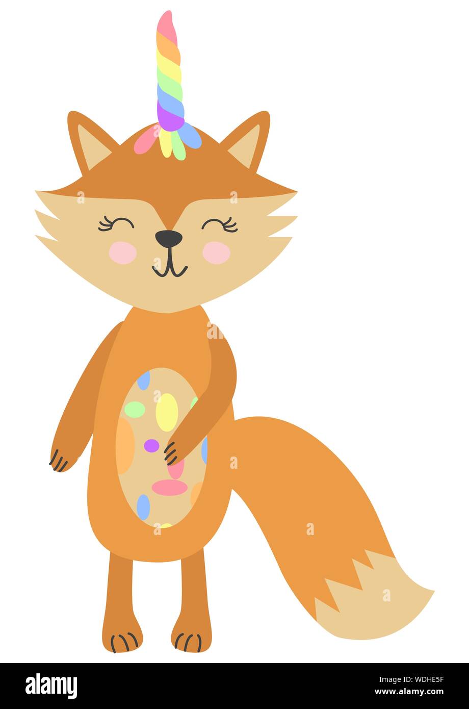 Cheerful fox unicorn fox with rainbow waving paw, child design Stock ...