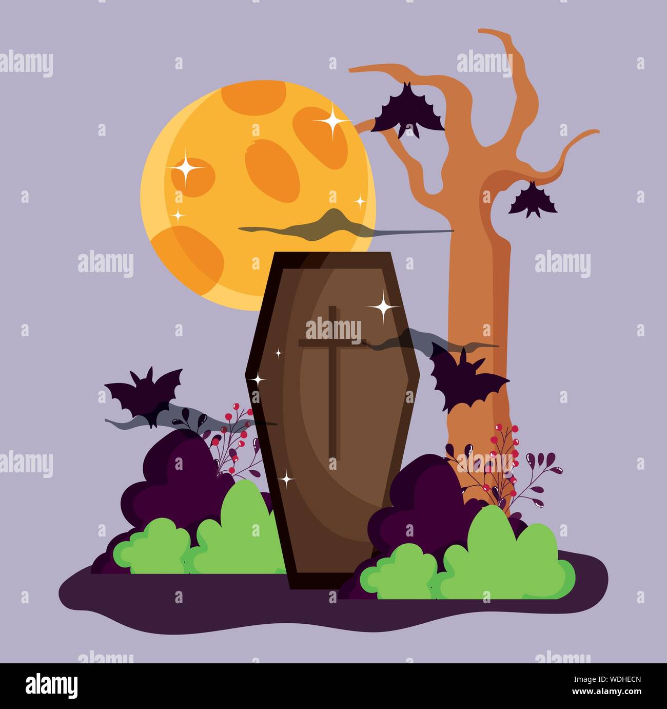 coffin bats tree moon trick or treat - happy halloween vector ...