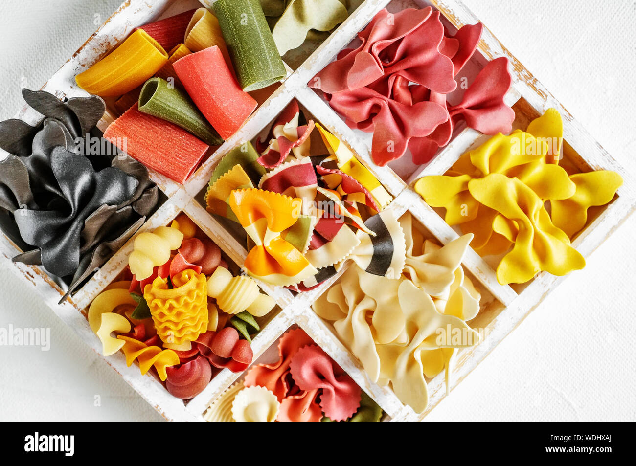 Italian pasta collection in wooden white box on light background Stock ...