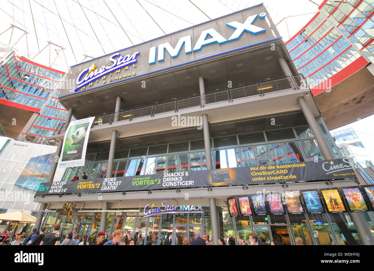 People visit IMAX movie cinema Sony Centre Potsdamer Platz plaza ...
