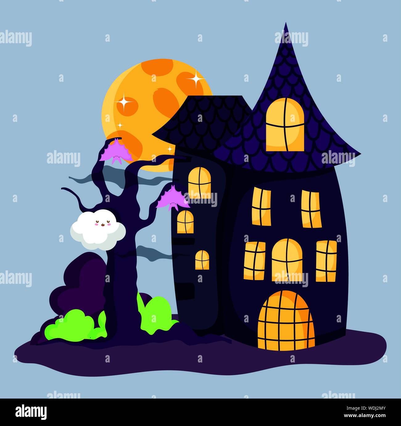 creepy castle night trick or treat - happy halloween vector ...