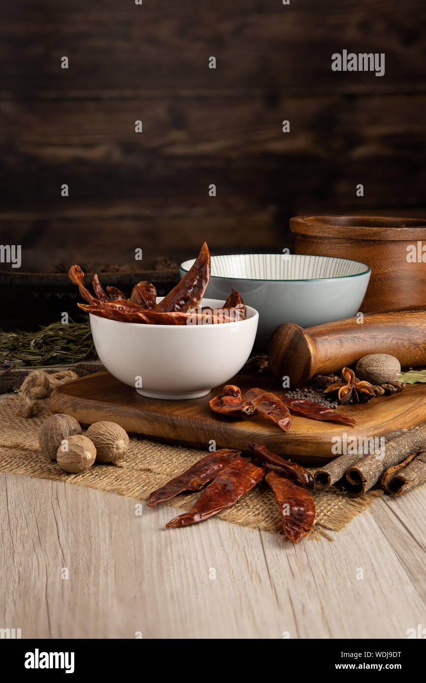 Cayenne Dried Chilli Chile pods in a bowl and food preparation and ...